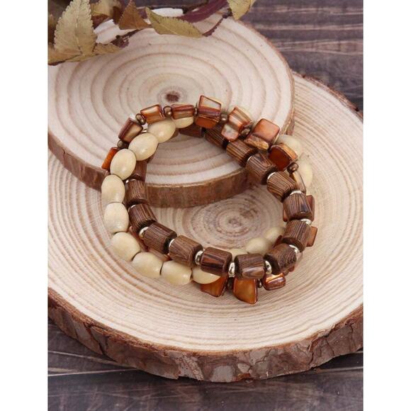 Jewelry | 3pcsset Natural Shell And Wood Beaded Elastic Bracelets For ...